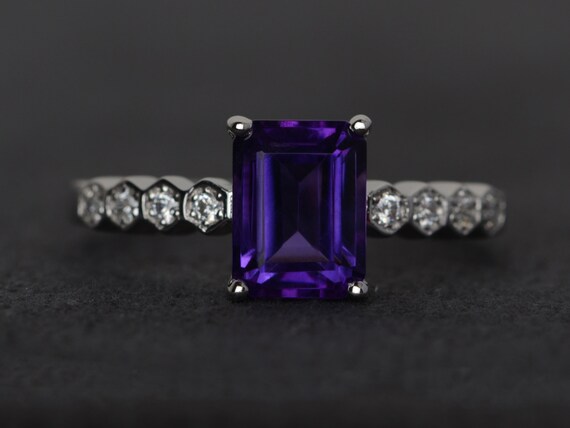 Amethyst Ring Emerald Cut Purple Amethyst Ring Engagement Ring - Etsy