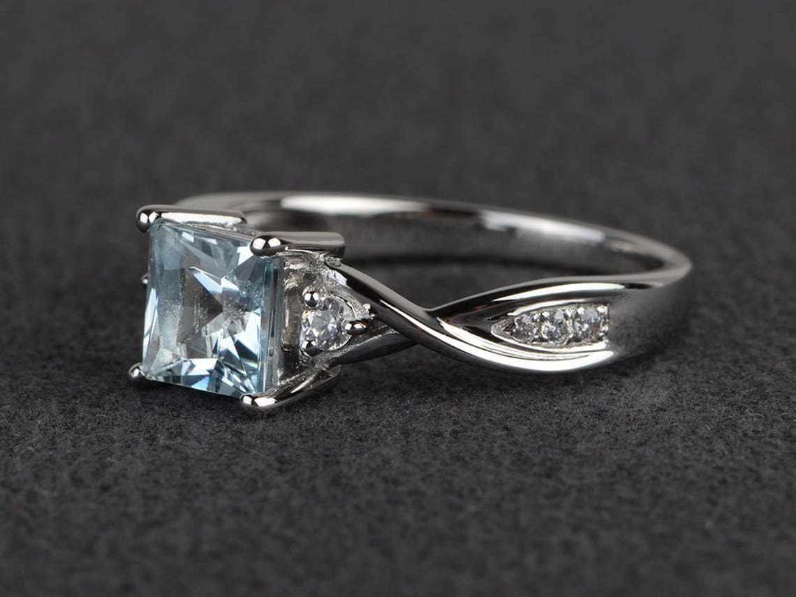 Princess Cut Aquamarine Engagement Ring Sterling Silver Ring - Etsy
