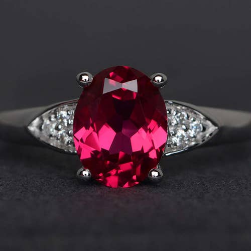 Red Ruby Ring Oval Cut Silver Ring Red Gemstone July - Etsy