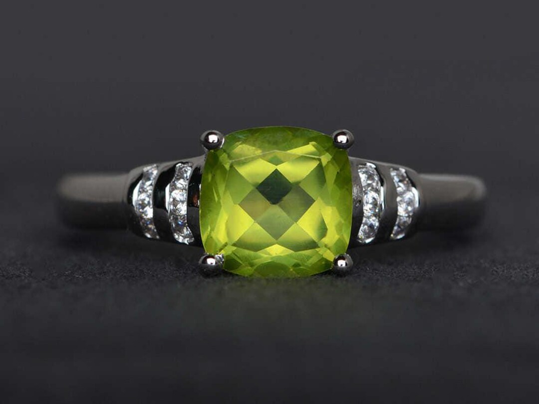 Natural Peridot Ring Cushion Cut Engagement Ring Gemstone Ring Sterling ...