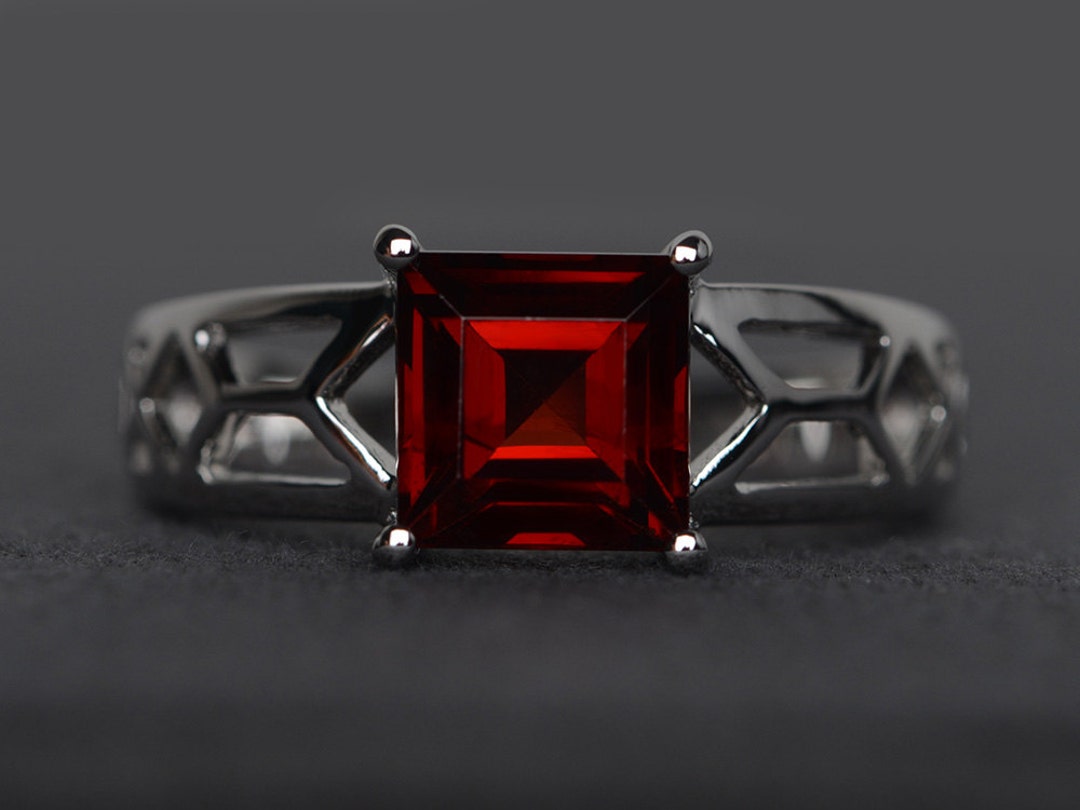Natural Garnet Ring Square Cut Garnet Engagement Ring Silver Solitaire ...