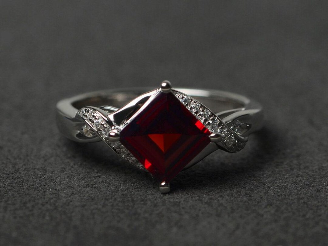 Square Cut Garnet Ring January Birthstone Ring Silver Engagement Ring ...