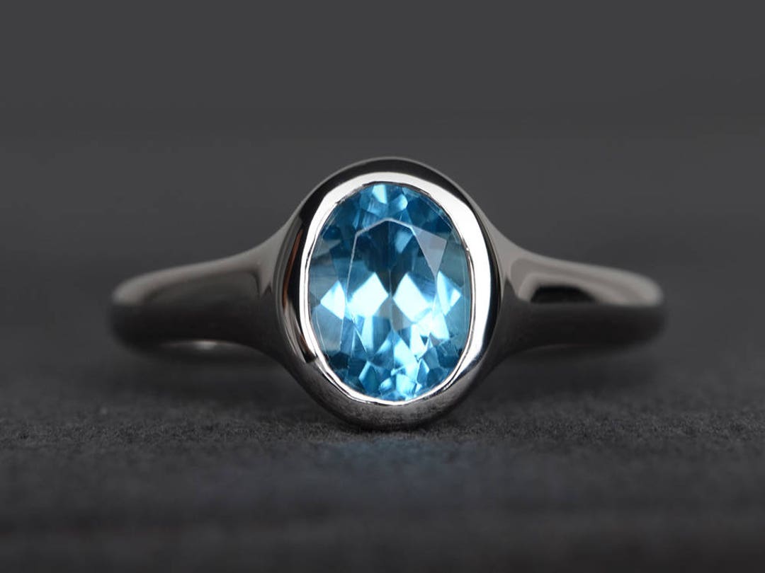 Swiss Blue Topaz Ring Wedding Ring Oval Cut Blue Gemstone Sterling ...