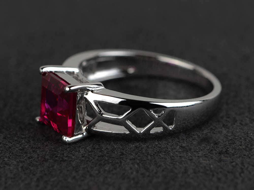 Square Cut Ruby Ring Sterling Silver Red Ruby Engagement Ring Promise ...