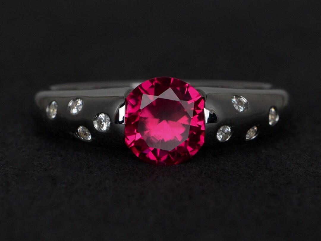 Ruby Ring Red Ruby Engagement Ring Silver Round Cut Gemstone Rings ...