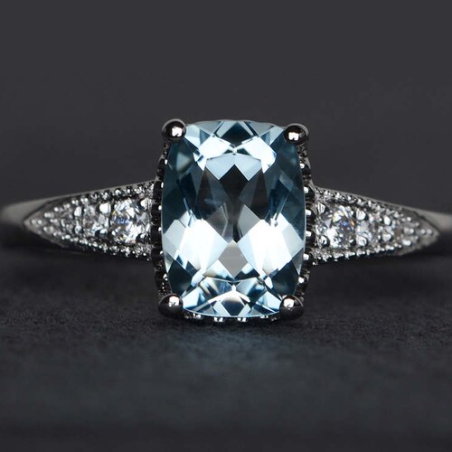 Cushion Cut Aquamarine Engagement Ring Blue Aquamarine Rings | Etsy