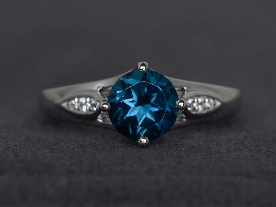 London Blue Topaz Ring Round Cut Engagement Ring Blue Gemstone Ring ...
