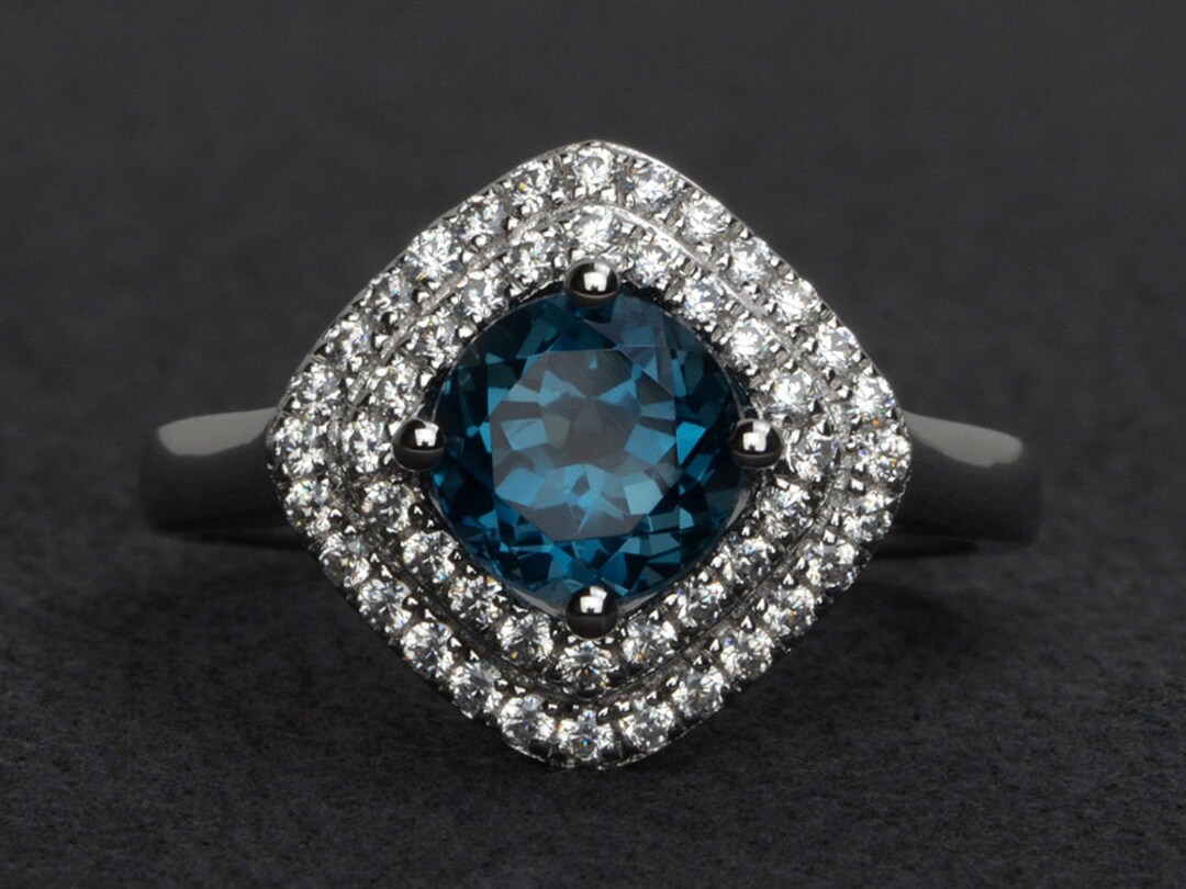 London Blue Topaz Ring Double Halo Engagement Ring Round Cut Blue ...