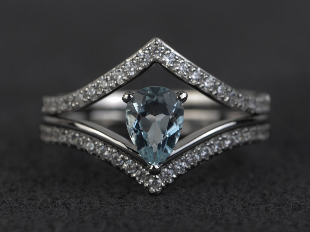 Aquamarine Ring Set Water Drop Shape Gemstone Rings Aquamarine ...
