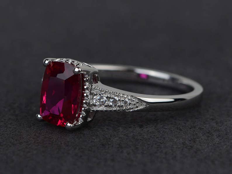 Cushion Cut Ruby Ring Sterling Silver Ring Ruby Engagement - Etsy