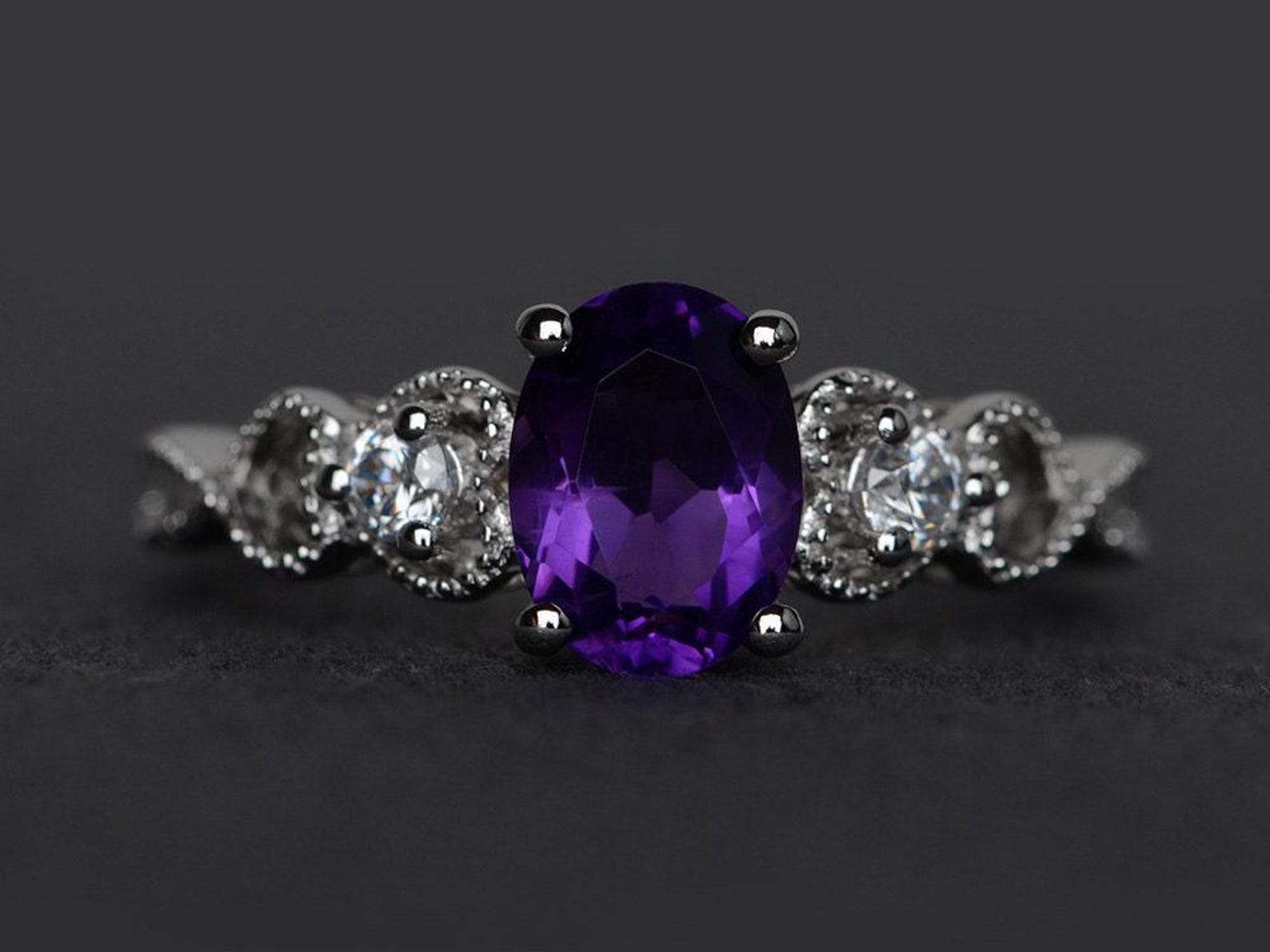 Amethyst Ring Silver Purple Gemstone Ring Engagement Ring Oval Cut ...