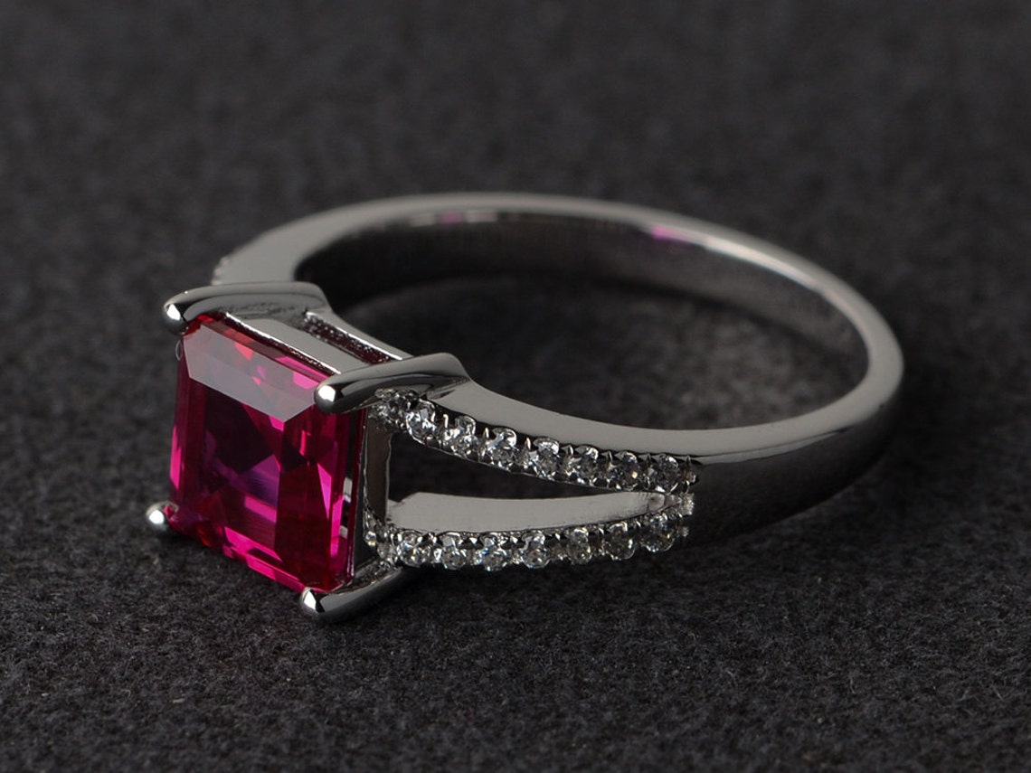 Silver Ruby Ring Square Cut Red Ruby Engagement Ring Promise - Etsy