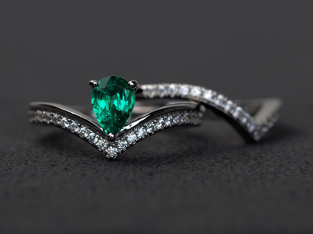 Emerald Rings Bridal Sets Water Drop Shape Stacking Ring - Etsy