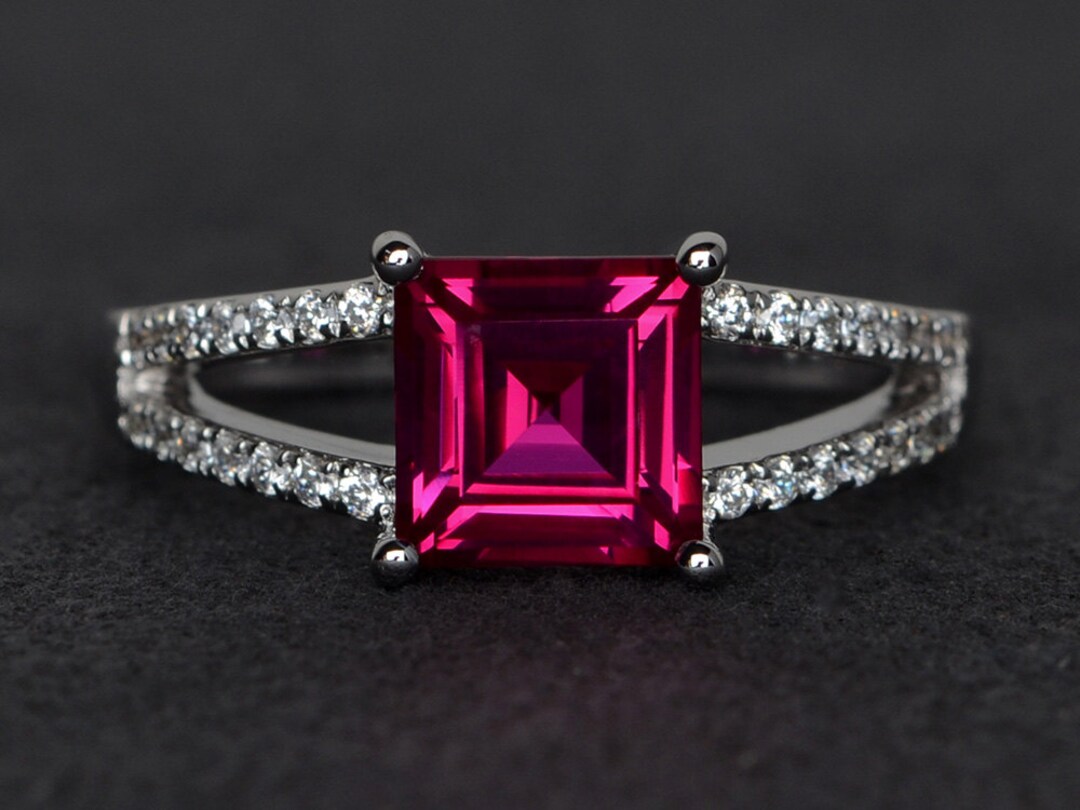 Silver Ruby Ring Square Cut Red Ruby Engagement Ring Promise Ring Split ...