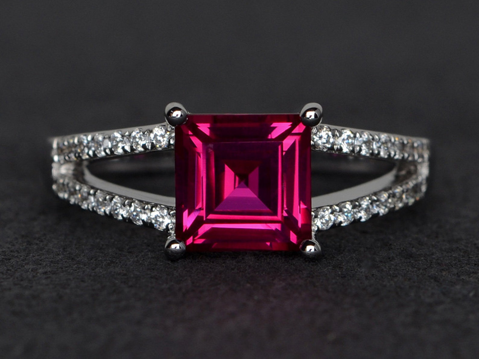 Silver Ruby Ring Square Cut Red Ruby Engagement Ring Promise - Etsy