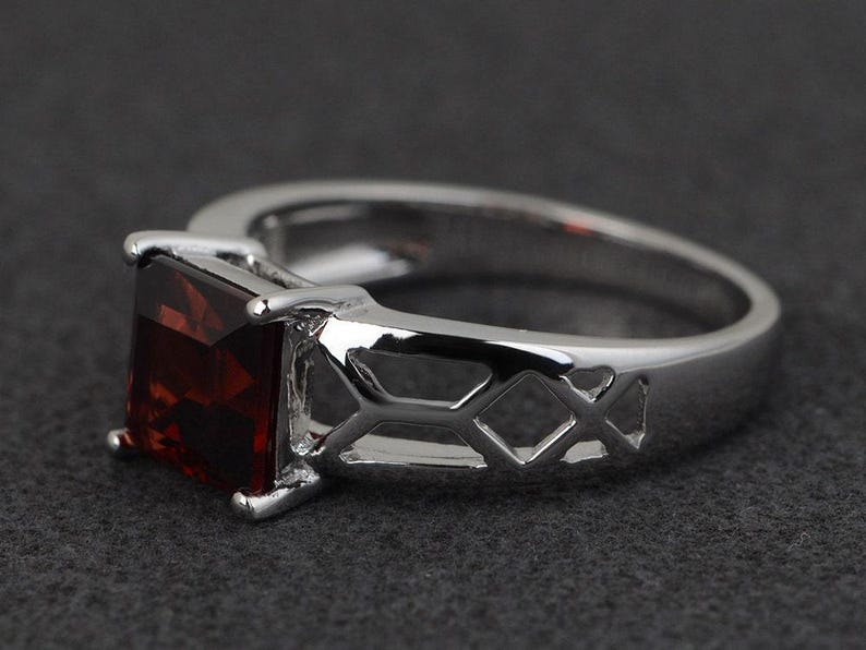 Natural Garnet Ring Square Cut Garnet Engagement Ring Silver Solitaire ...