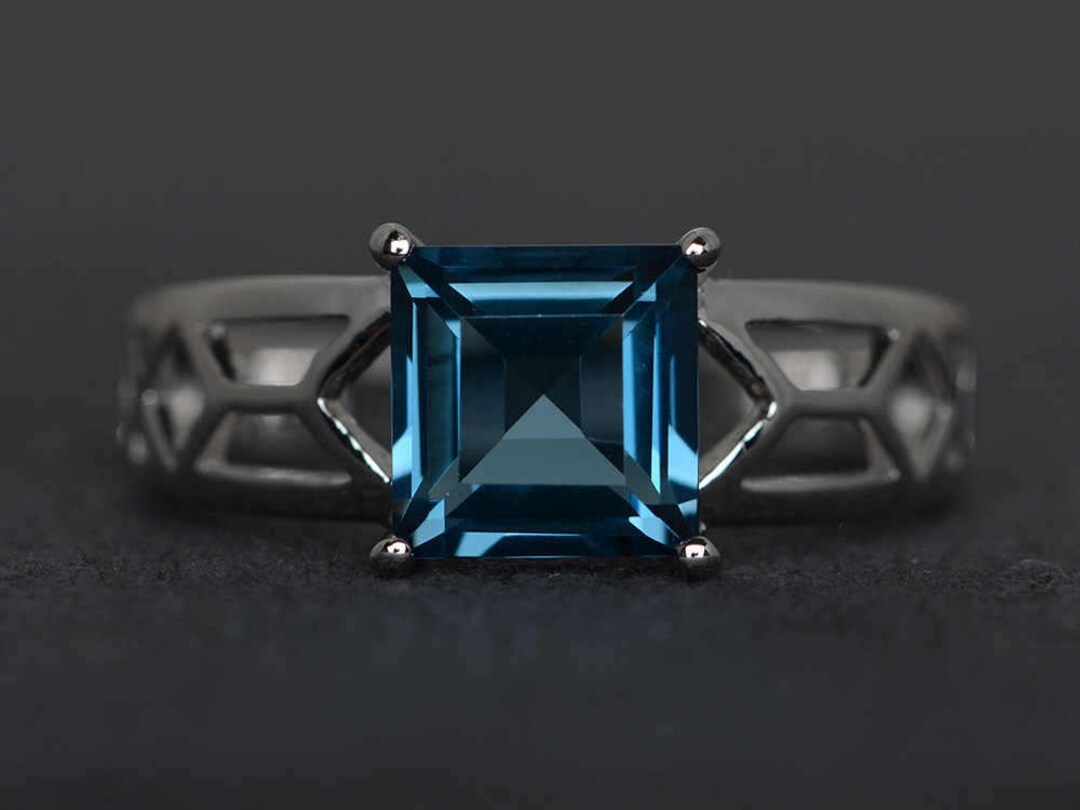 London Blue Topaz Ring Solitaire Ring Square Ring Sterling Silver Blue ...