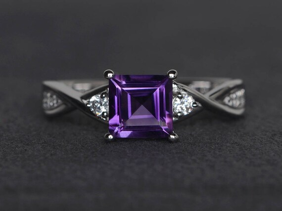 Natural Amethyst Ring Silver Square Cut Engagement Ring for - Etsy