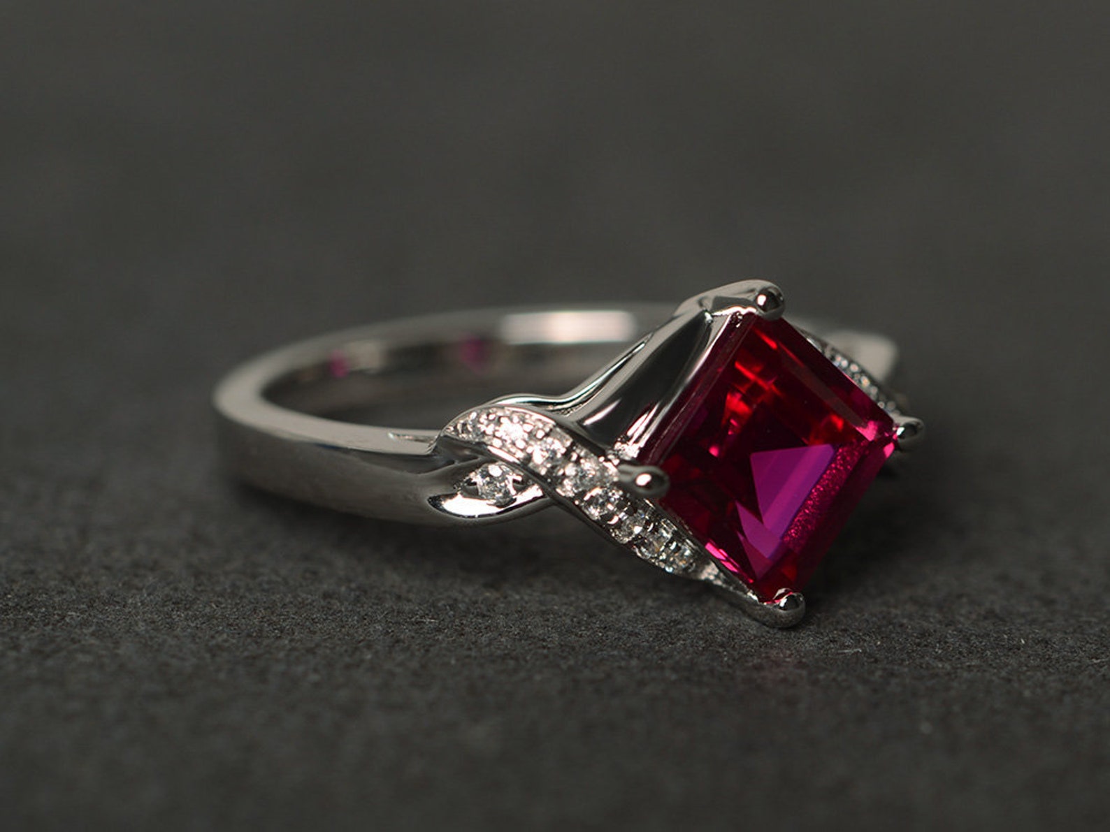 Lab Ruby Ring Silver Engagement Ring Square Cut Red Gemstone - Etsy