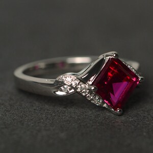 Lab Ruby Ring Silver Engagement Ring Square Cut Red Gemstone Ring July ...