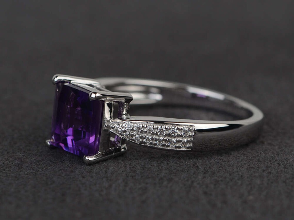 Natural Amethyst Ring for Women Sterling Silver Square Cut - Etsy