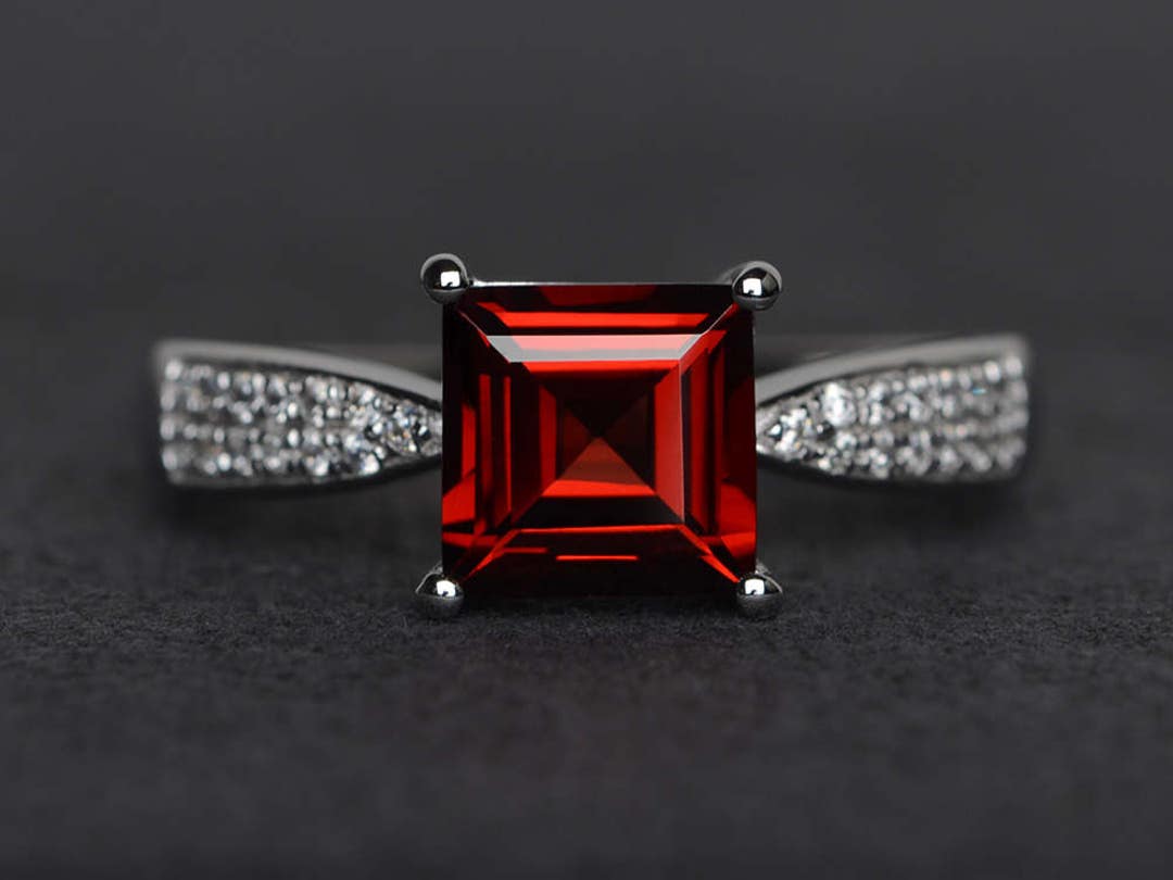 Garnet Ring Square Cut Wedding Engagement Ring Red Gemstone Ring Silver ...