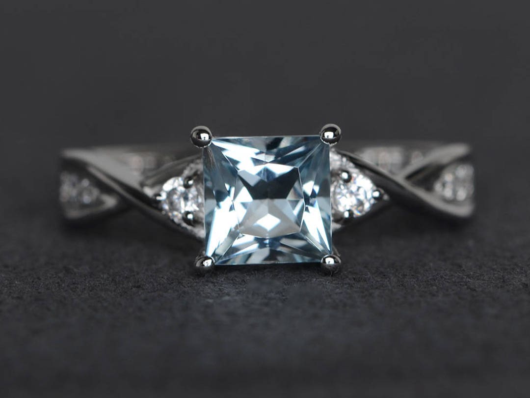 Princess Cut Aquamarine Engagement Ring Sterling Silver Ring March ...