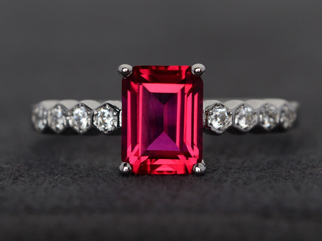 Ruby Ring Silver Red Ruby Gemstone Ring Engagement Ring Emerald Cut ...
