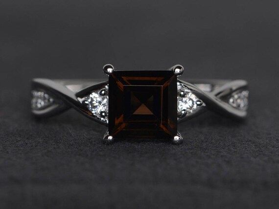 Natural Smoky Quartz Ring Square Cut Engagement Ring Sterling | Etsy