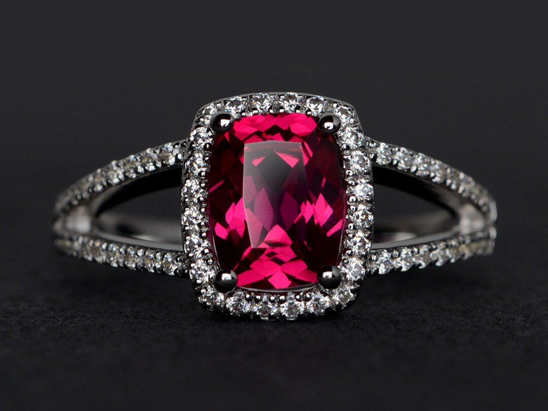 Ruby Ring Silver Cushion Cut Red Ruby Engagement Ring Split Shank ...