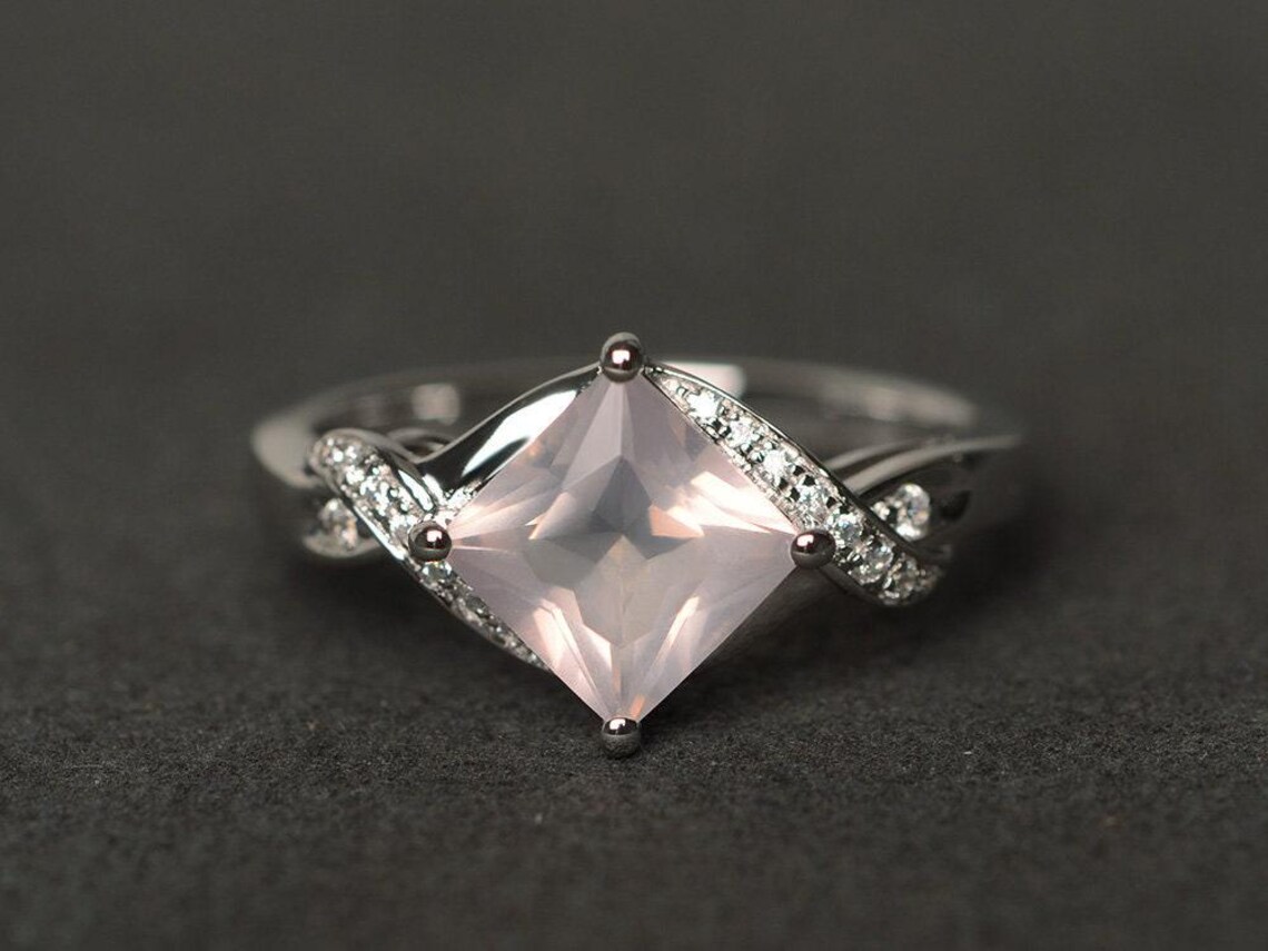 Pink Quartz Ring Silver Engagement Ring Princess Cut Pink Gemstone Ring ...