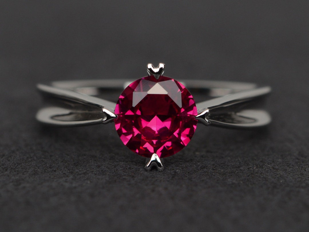 Ruby Ring Round Cut Red Gemstone Ring Engagement Ring Silver Solitaire ...