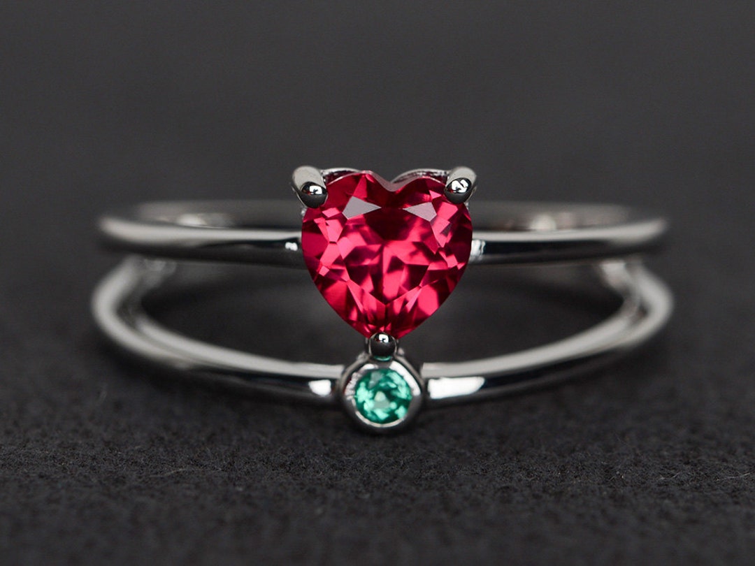 Ruby Ring Heart Cut Engagement Ring Red Gemstone Ring Double Band Red ...