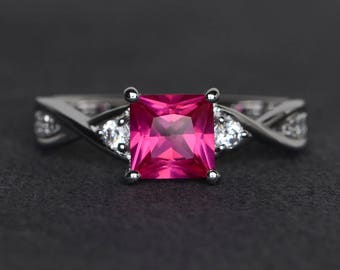 Square Cut Ruby Ring Sterling Silver Red Ruby Engagement Ring Promise ...