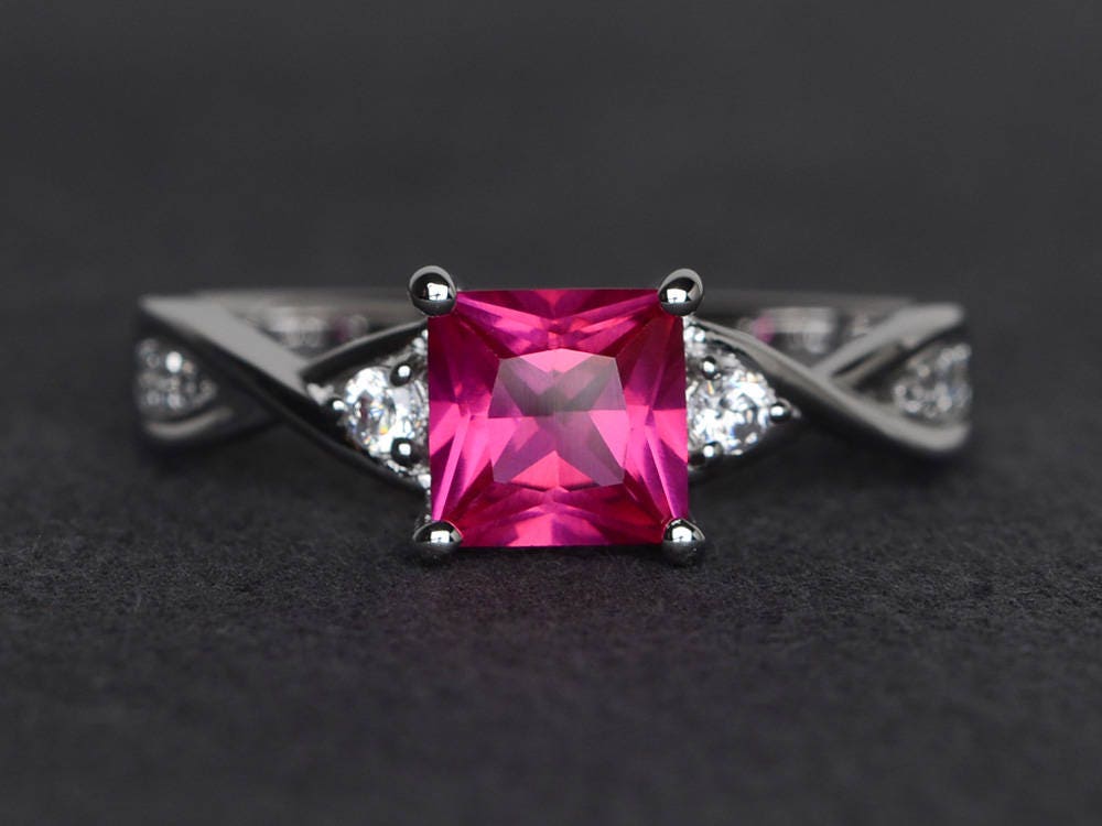 Princess Cut Ruby Ring Sterling Silver Wedding Engagement Ring - Etsy