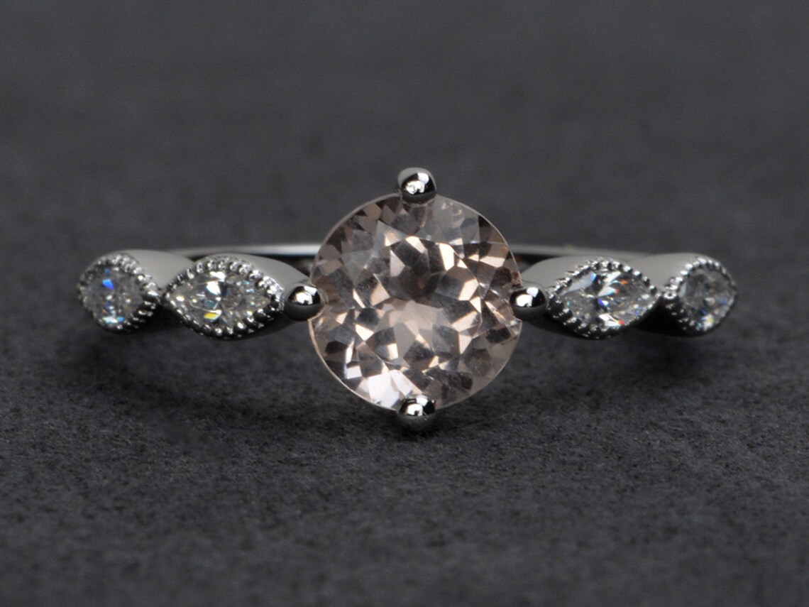Morganite Ring Silver Round Cut Morganite Gemstone Ring - Etsy