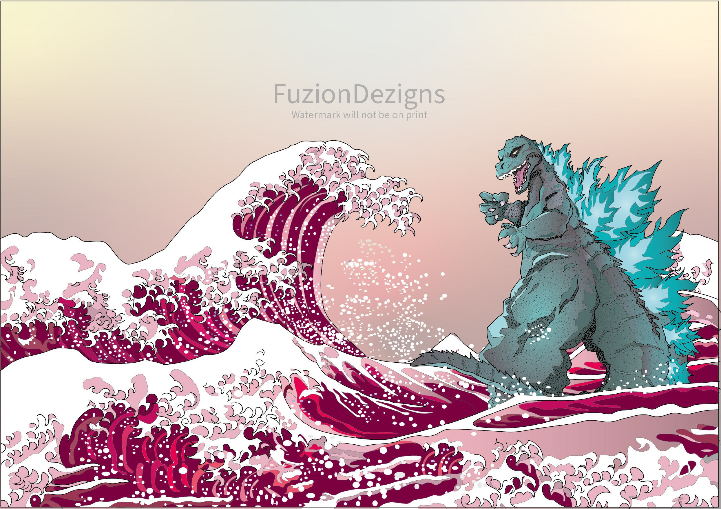 La Gran Ola de Kanagawa Godzilla Art Print - Etsy España