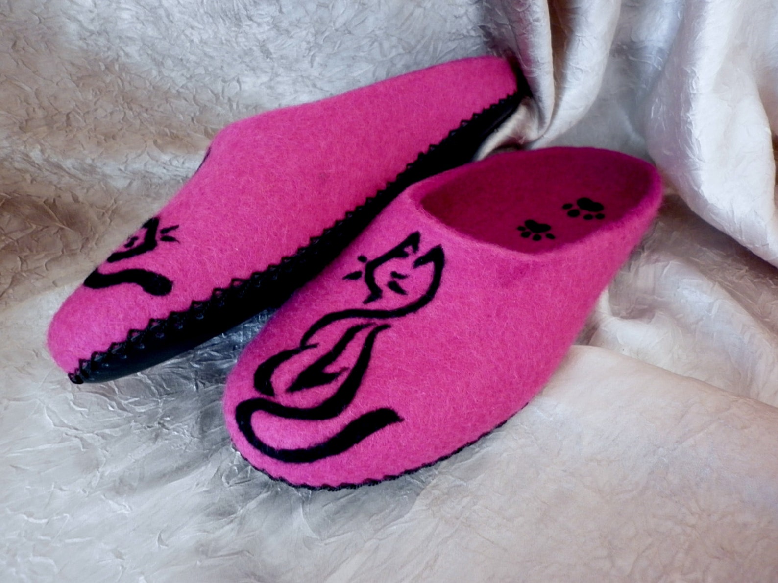 Wool Felted Cat Pet Lover Slippers Pink Fuscia Women Shoes Animal Style ...