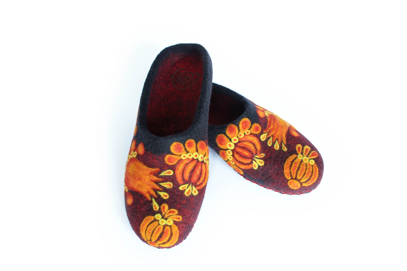 Boho Felt Wool Slipper Woman Felted Woolen Clogs Handmade Flower Red ...