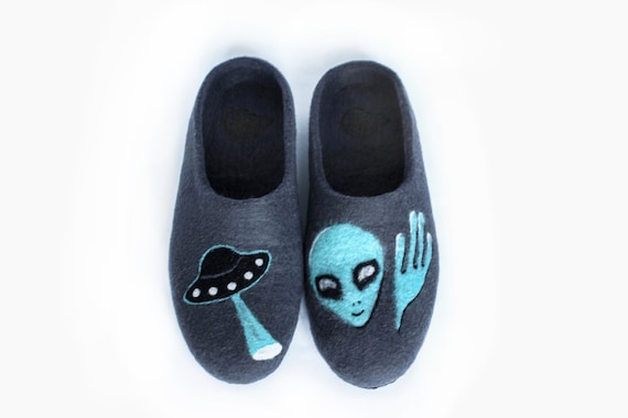 Alien UFO Funny Felted Wool Slippers Valentines Day Gray Shoes | Etsy