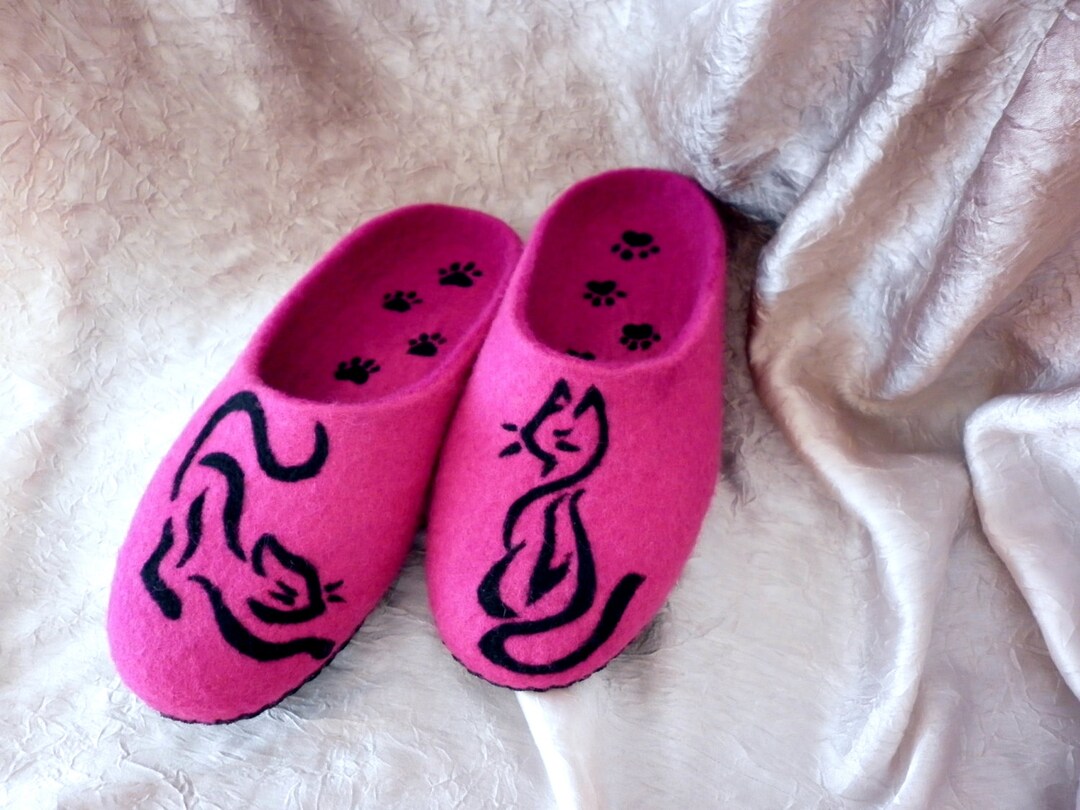 Wool Felted Cat Pet Lover Slippers Pink Fuscia Women Shoes Animal Style ...