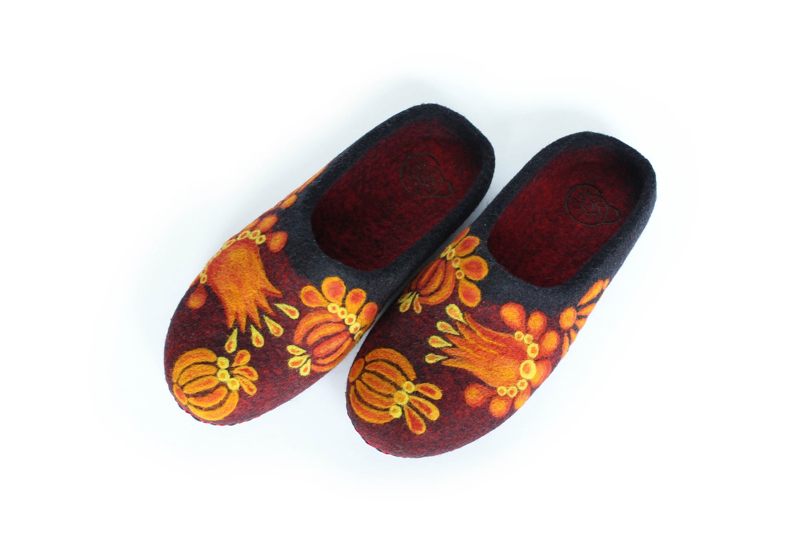 Boho Felt Wool Slipper Woman Felted Woolen Clogs Handmade Flower Red ...