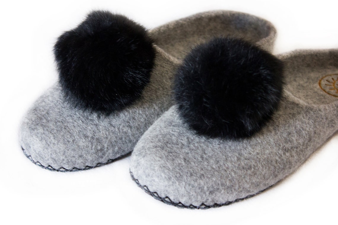 Furry Women Slippers Fuzzy Grey Felted Wool House White Black | Etsy