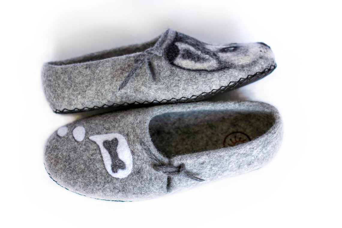Grey Dog Husky Wool Felted Slippers Animal Shoes Portrait Clogs Pet ...