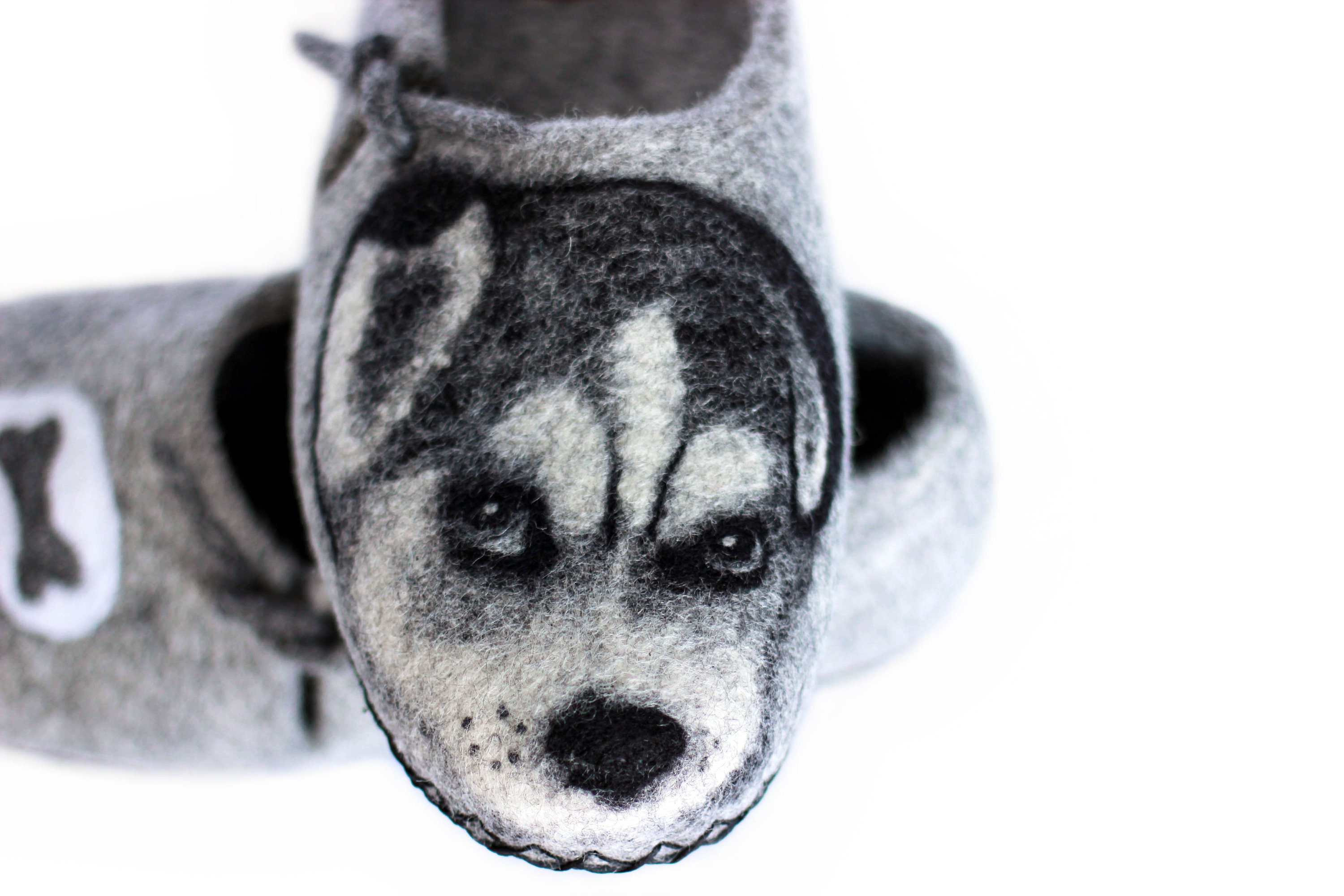 Grey Dog Husky Wool Felted Slippers Animal Shoes Portrait Clogs Pet ...