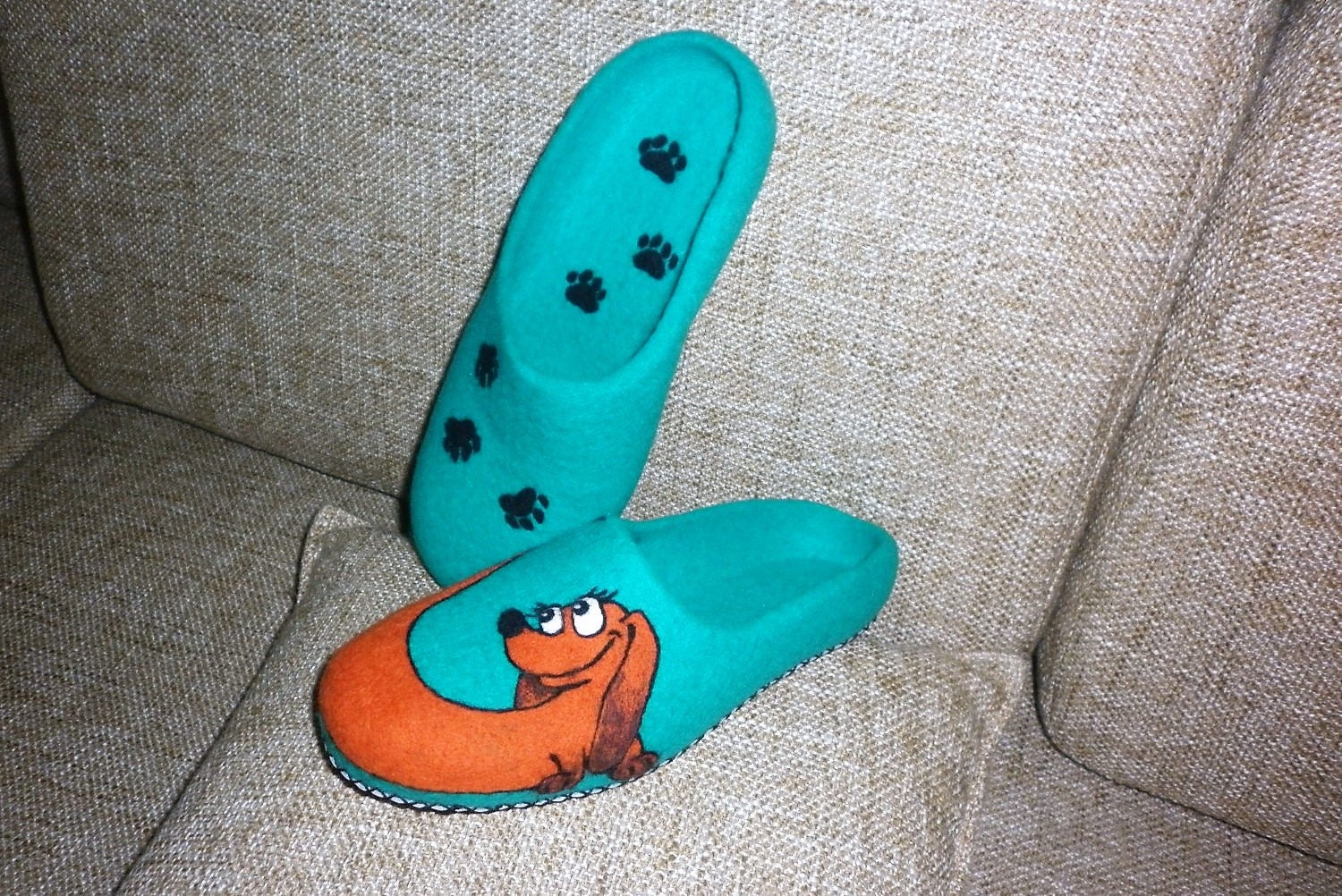 Felted Dogs Slippers Wool Basset Green Animal Felt Unisex Adult Shoes ...