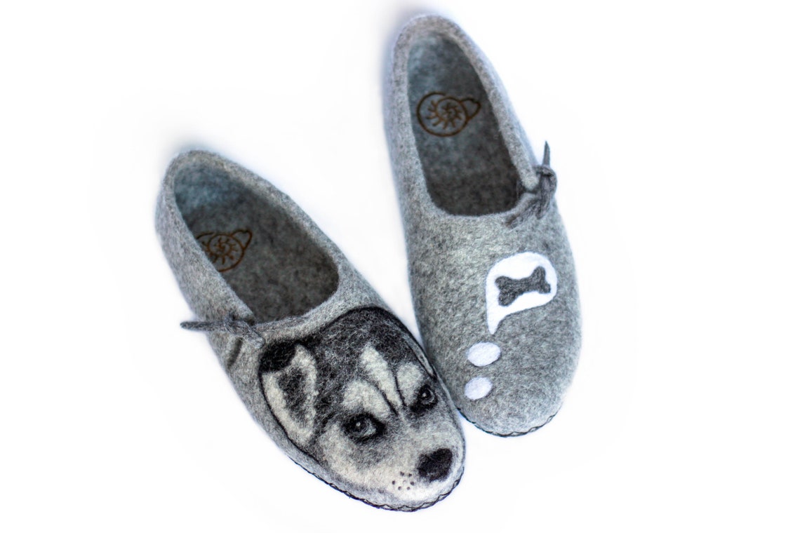 Grey Dog Husky Wool Felted Slippers Animal Shoes Portrait Clogs Pet ...
