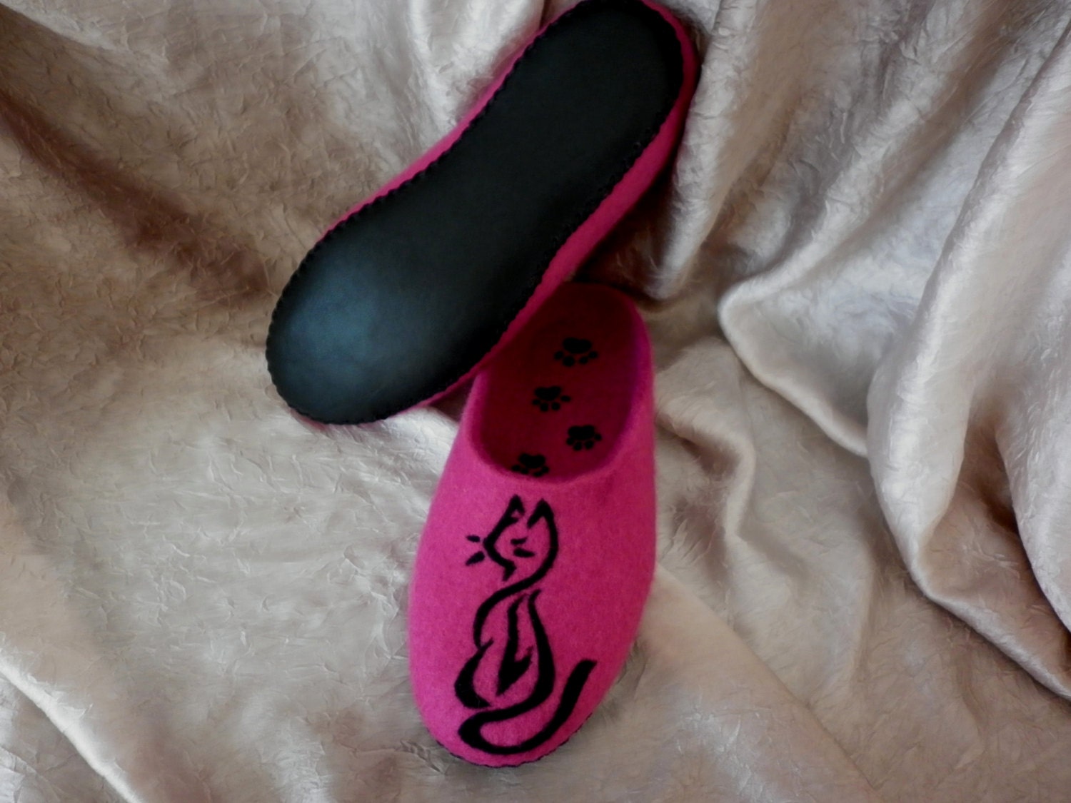 Wool Felted Cat Pet Lover Slippers Pink Fuscia Women Shoes Animal Style ...