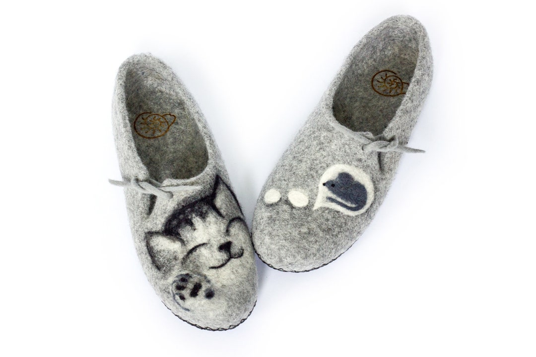 Slippers Felted Women Wool Mom Grandmother Mothers Day Natural Cat and ...