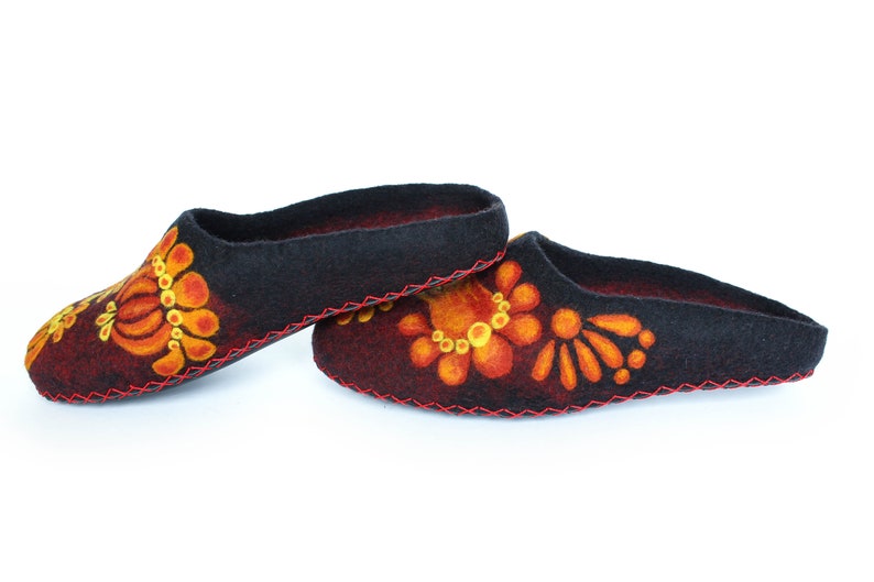 Boho Felt Wool Slipper Woman Felted Woolen Clogs Handmade Flower Red ...